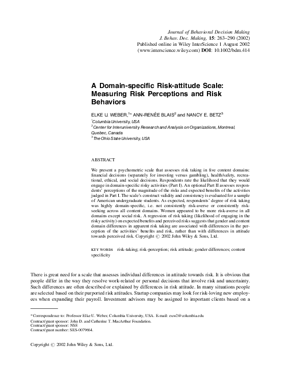 (PDF) A domain‐specific risk‐attitude scale: Measuring risk perceptions ...