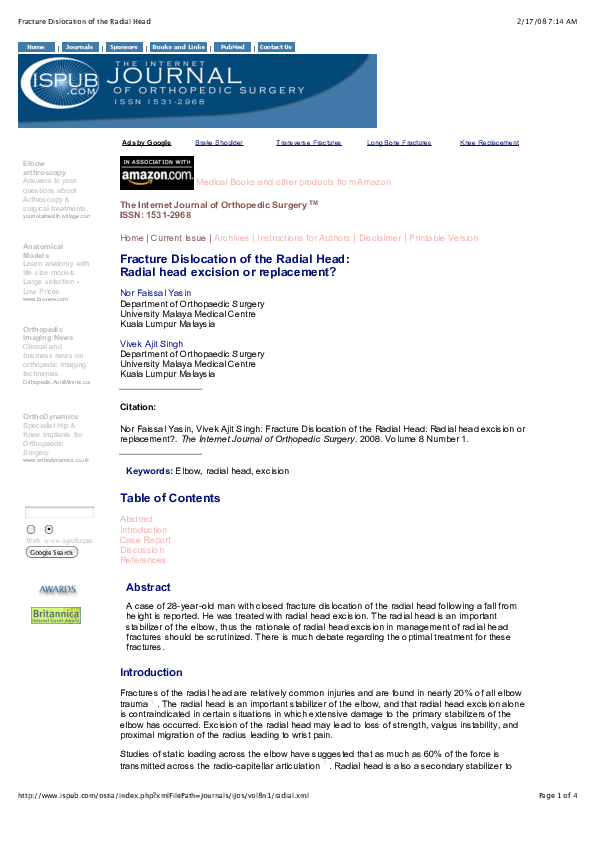 (PDF) Fracture Dislocation of the Radial Head: Radial head excision or ...