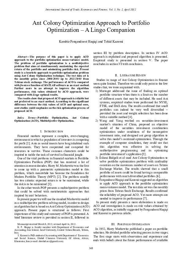 (PDF) Ant Colony Optimization Approach to Portfolio Optimization–A Lingo Companion