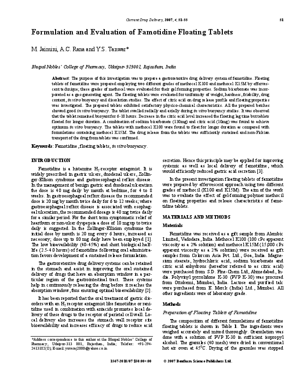 Pdf Formulation And Evaluation Of Famotidine Floating Tablets
