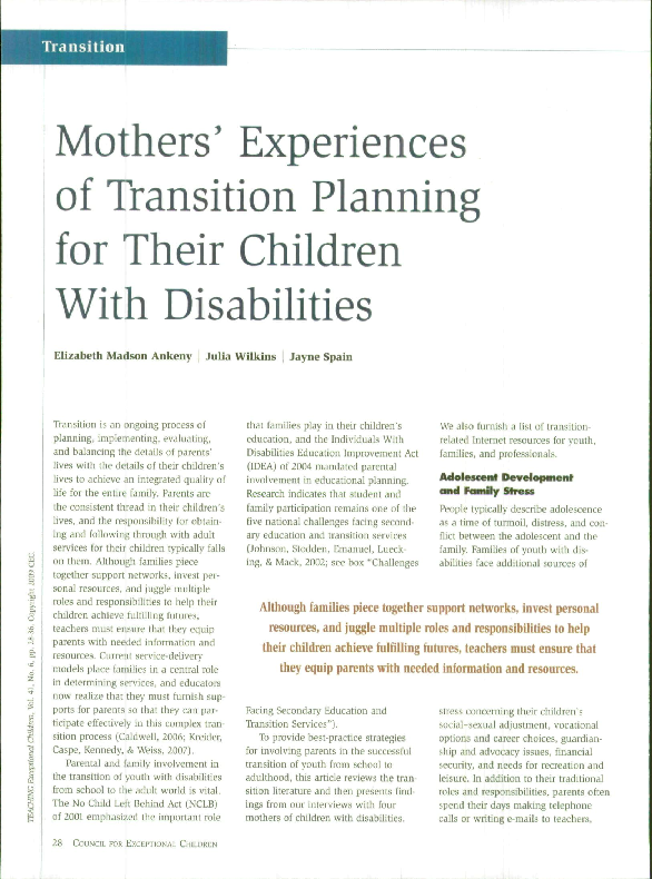 (PDF) Mothers' Experiences of Transition Planning for Their Children ...