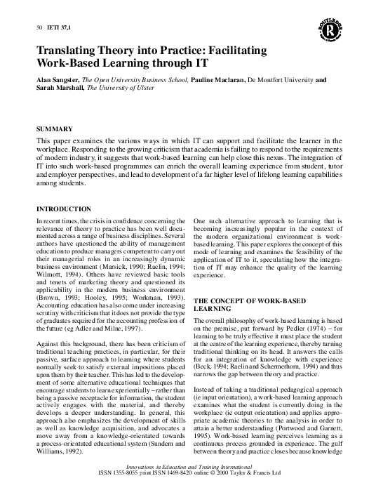 (PDF) Translating Theory Into Practice: Facilitating Work-Based Learning Through IT