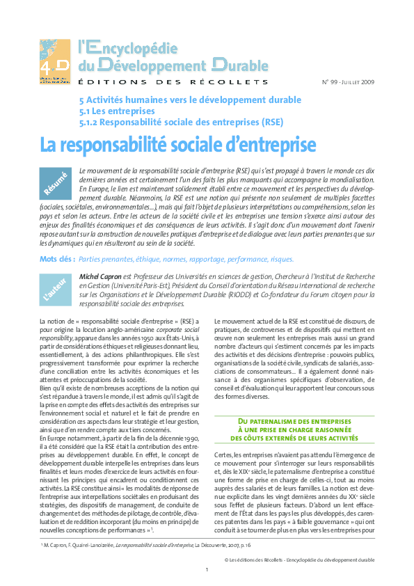 (PDF) La responsabilité sociale d'entreprise