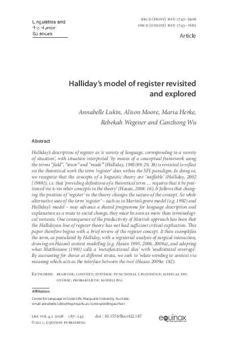 (PDF) Halliday's model of register revisited and explored