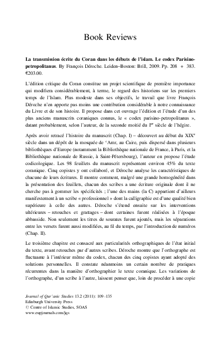 (PDF) Review of François Déroche, La transmission écrite du Coran dans ...