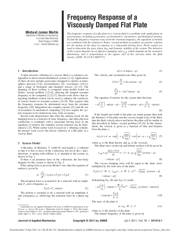Pdf Frequency Response Of A Viscously Damped Flat Plate