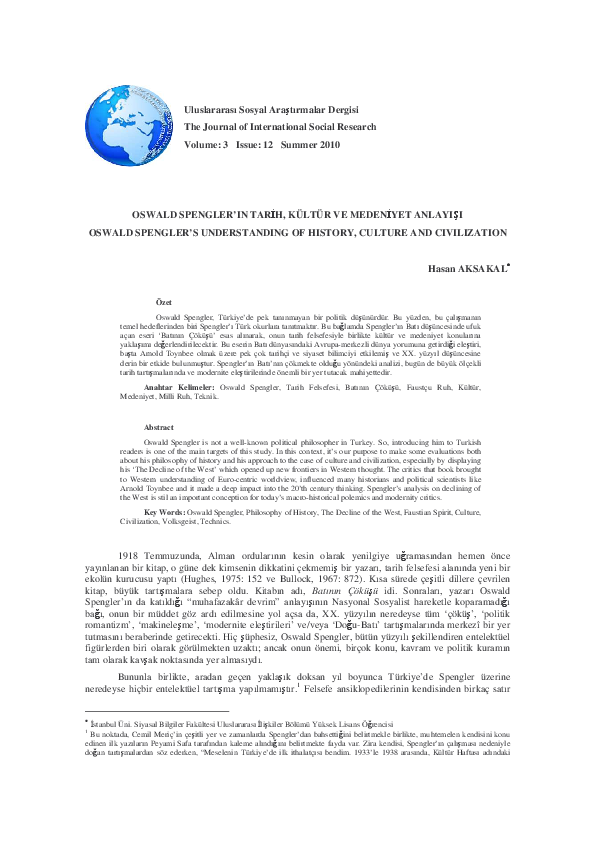 (PDF) OSWALD SPENGLER'IN TARİH, KÜLTÜR VE MEDENİYET ANLAYIŞI OSWALD ...