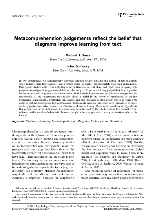 (PDF) Metacomprehension judgments reflect the belief that diagrams improve learning from text