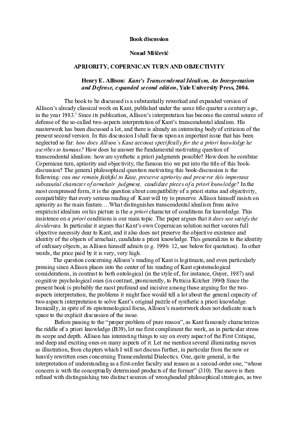 (DOC) APRIORITY, COPERNICAN TURN AND OBJECTIVITY