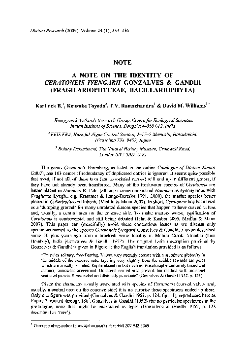 (PDF) A note on the identity of Ceratoneis iyengarii Gonzalves & Gandhi ...