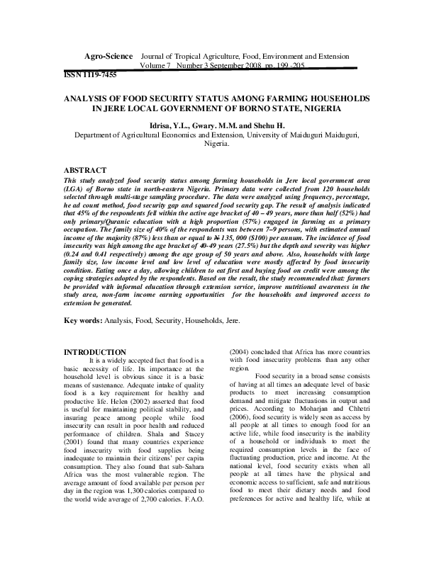 (PDF) Analysis of food security status among farming households in Jere ...