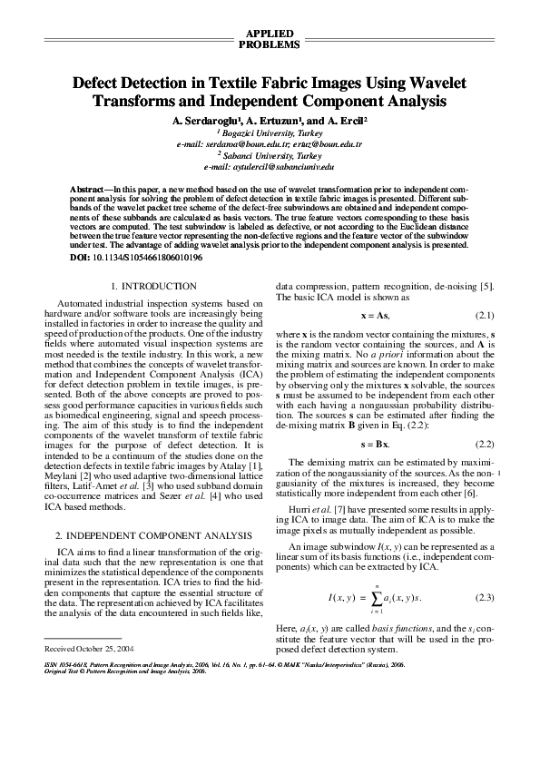 Pdf Defect Detection In Textile Fabric Images Using Wavelet Transforms And Independent