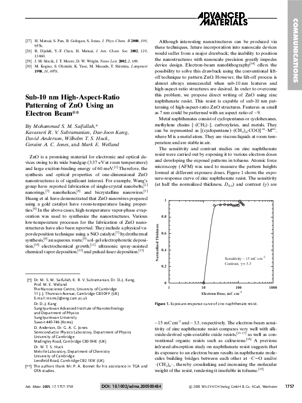 (PDF) Sub‐10 nm High‐Aspect‐Ratio Patterning of ZnO Using an Electron Beam