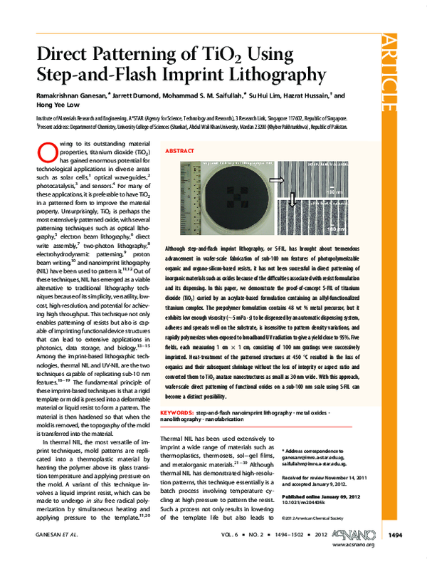 (PDF) Direct Patterning of TiO2 Using Step-and-Flash Imprint Lithography