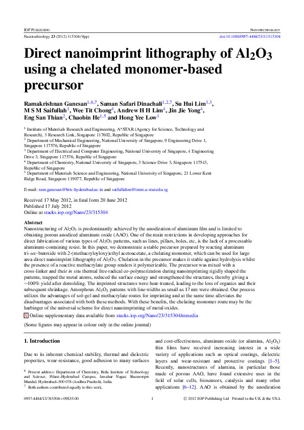 (PDF) Direct nanoimprint lithography of Al2O3 using a chelated monomer-based precursor