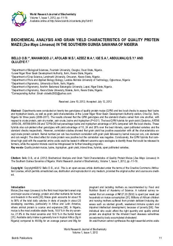 (PDF) BIOCHEMICAL ANALYSIS AND GRAIN YIELD CHARACTERISTICS OF QUALITY ...