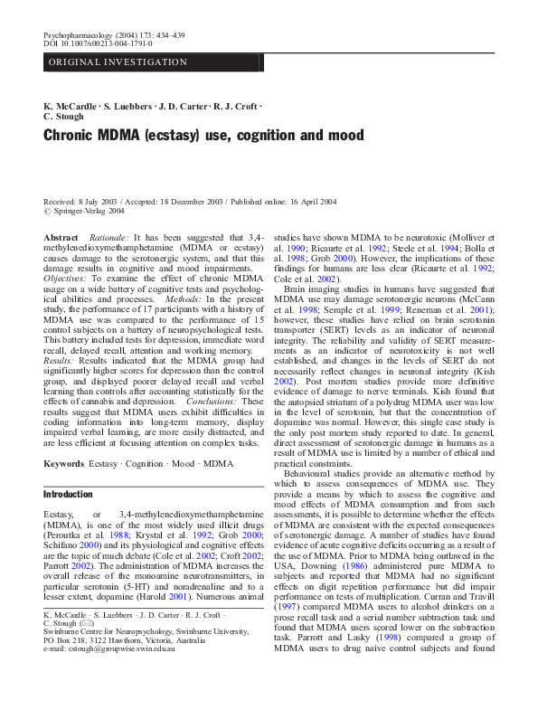 (PDF) Chronic MDMA (ecstasy) use, cognition and mood
