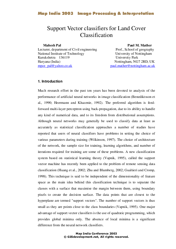 Pdf Support Vector Classifiers For Land Cover Classification
