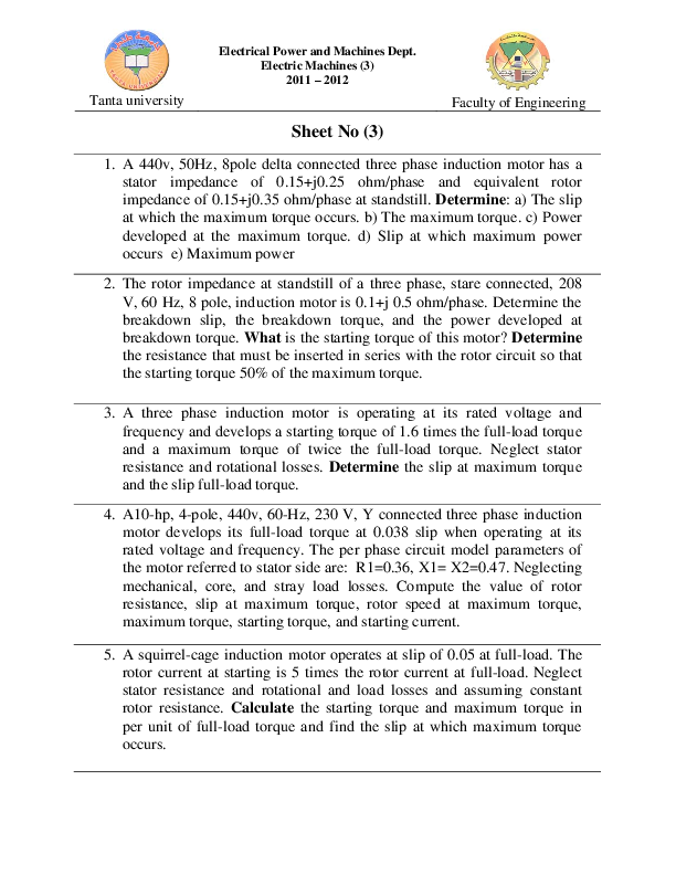 (PDF) Sheets of Electrical Machine 3 (Three-Phase Induction Motors)