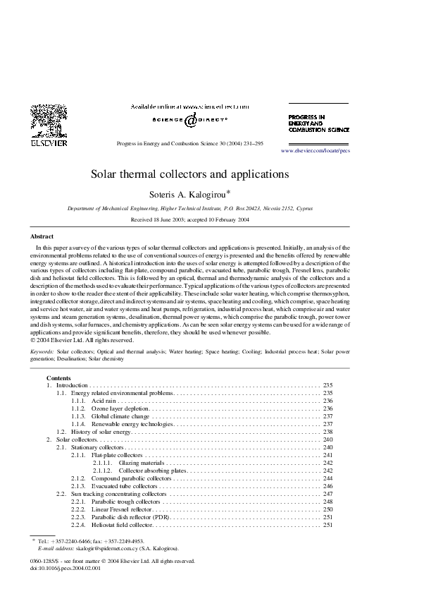 (PDF) Solar thermal collectors and applications