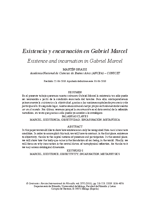 (PDF) Existencia y encarnación en Gabriel Marcel