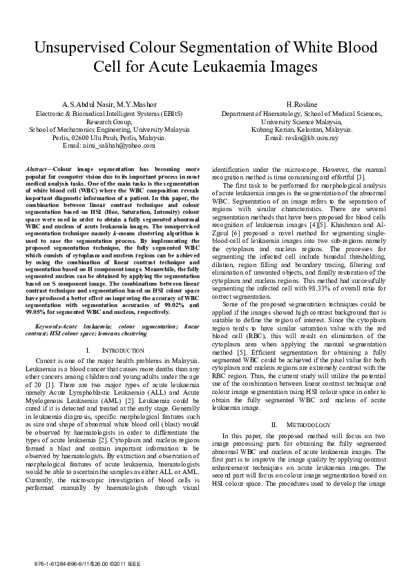 (PDF) Unsupervised Colour Segmentation of White Blood Cell for Acute Leukaemia Images