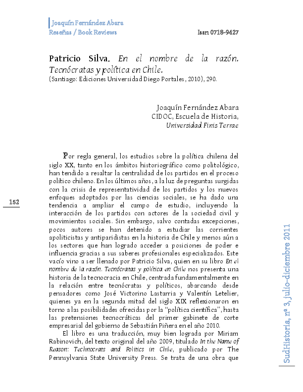 (PDF) RESEÑA: “Patricio Silva: En el nombre de la razón. Tecnócratas y ...