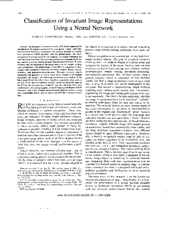 Pdf Classification Of Invariant Image Representations Using A Neural Network