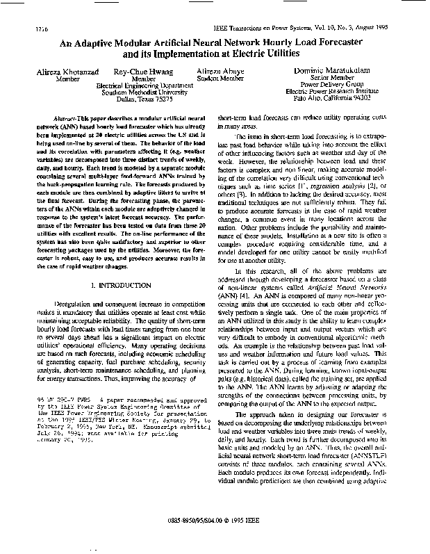 Pdf An Adaptive Modular Artificial Neural Network Hourly Load Forecaster And Its