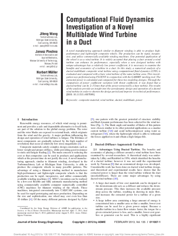Pdf Computational Fluid Dynamics Investigation Of A Novel Multiblade Wind Turbine In A Duct