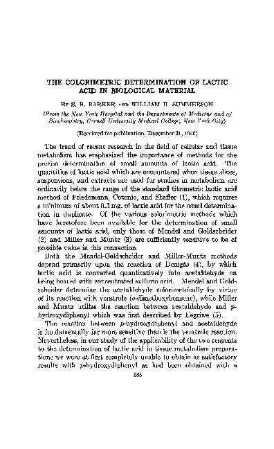 Pdf The Colorimetric Determination Of Lactic Acid In Biological Material