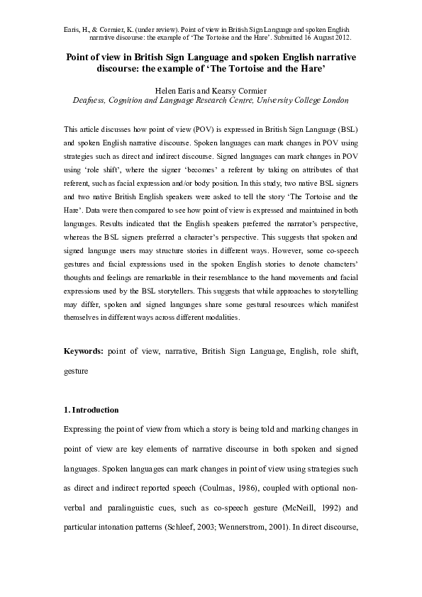 (PDF) Point of view in British Sign Language and spoken English narrative discourse: the example ...