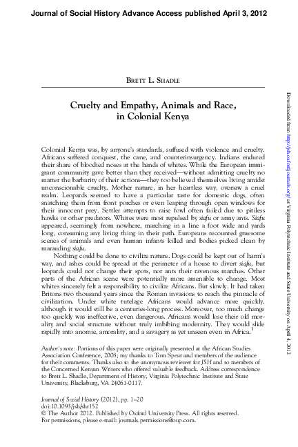 (PDF) Cruelty and Empathy, Animals and Race, in Colonial Kenya