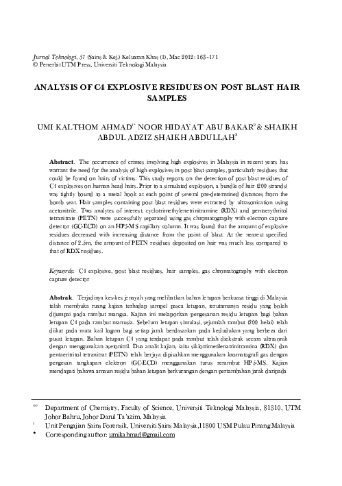 Pdf Analysis Of C4 Explosive Residues In Post Blast Hair Samples