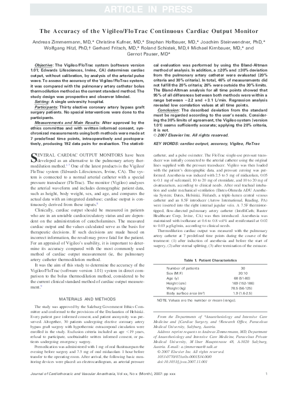 (PDF) The accuracy of the Vigileo/FloTrac continuous cardiac output monitor