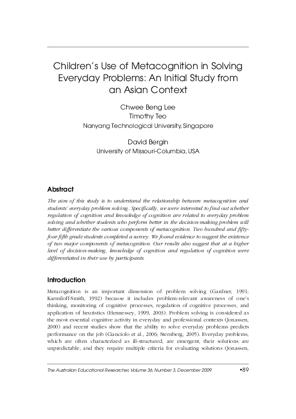 (PDF) Children's use of metacognition in solving everyday problems: An ...