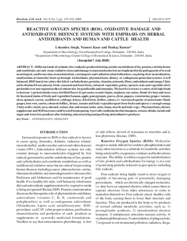 (PDF) REACTIVE OXYGEN SPECIES (ROS), OXIDATIVE DAMAGE AND ANTIOXIDATIVE DEFENCE SYSTEMS WITH ...