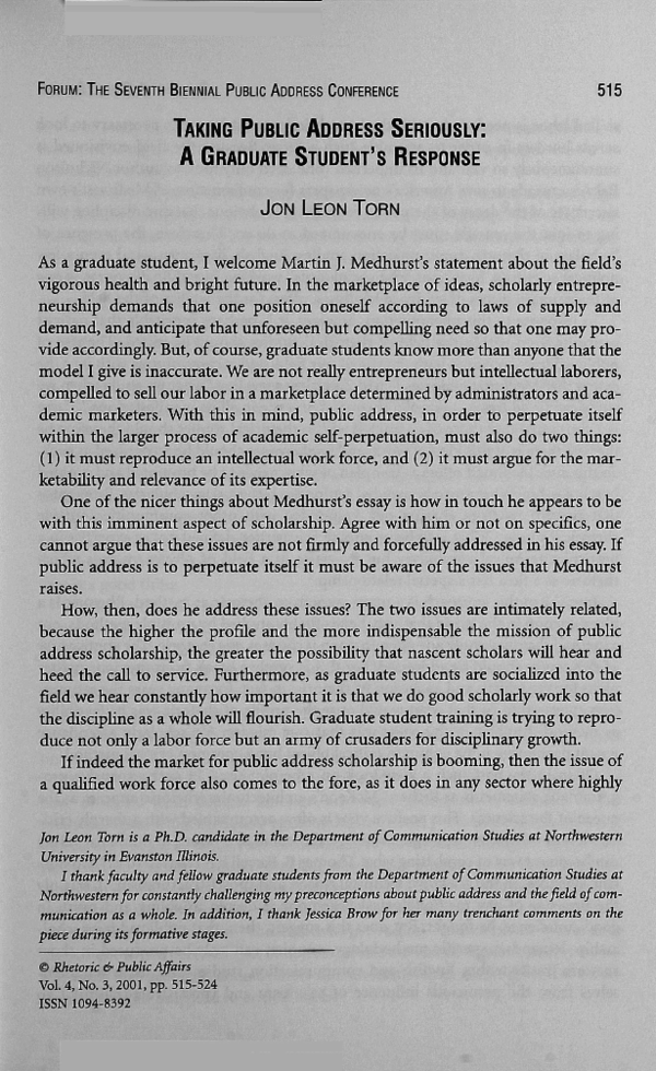 (PDF) Taking Public Address Seriously: A Graduate Students Response