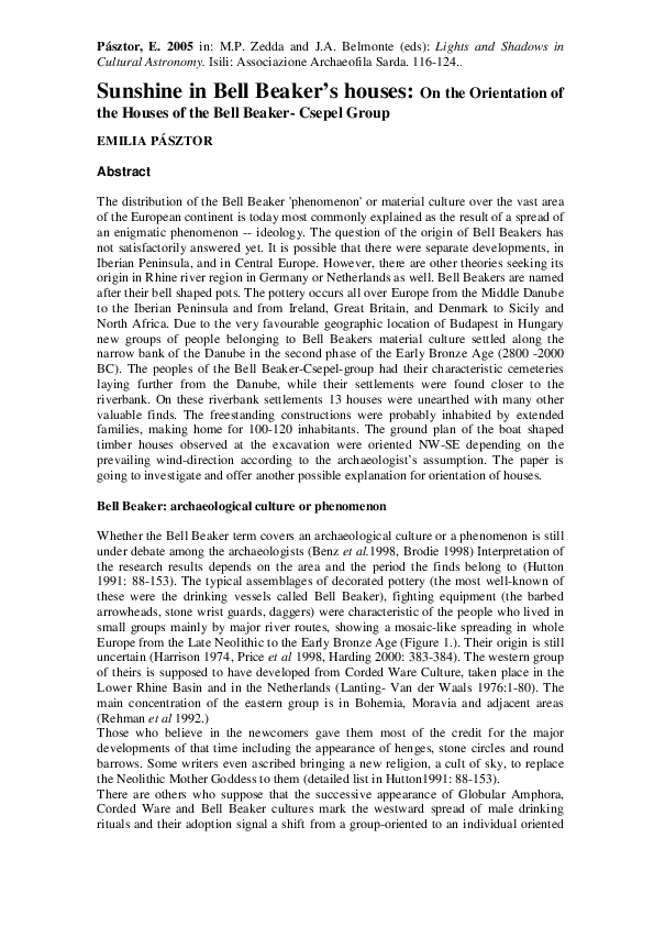 (PDF) Pasztor, E. 2005. Sunshine In Bell Beakers Houses In Hungary