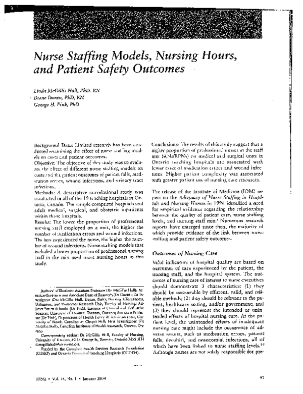 (PDF) Nurse staffing models, nursing hours, and patient safety outcomes