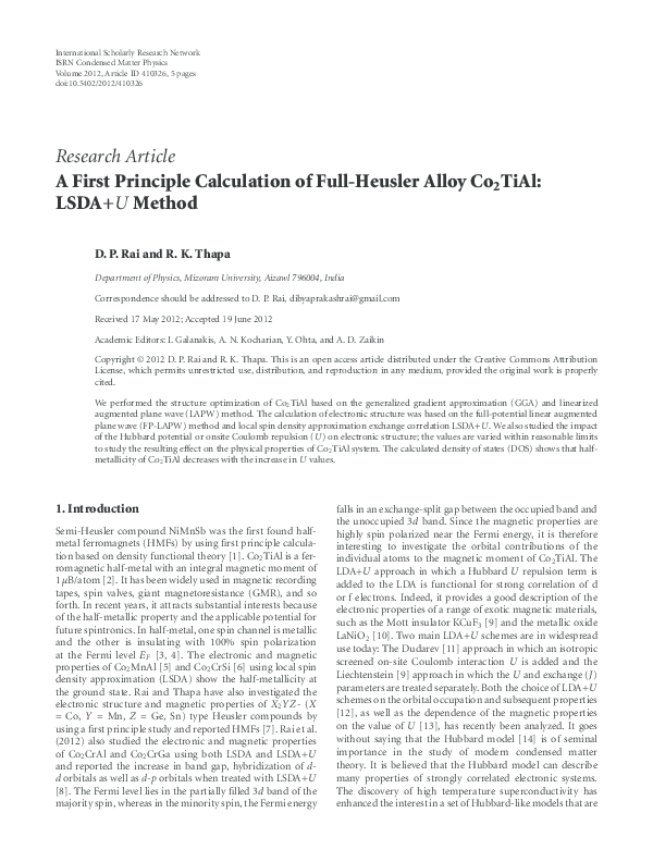 (PDF) A First Principle Calculation of Full-Heusler Alloy Co2TiAl: LSDA+U Method