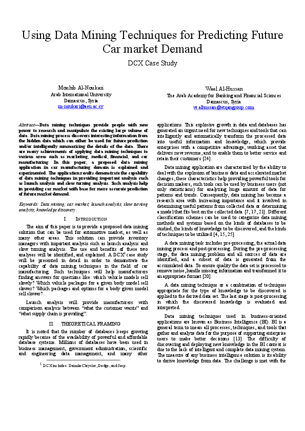 (PDF) Using Data Mining for Predicting Future Car Market Demand: DCX Case Study