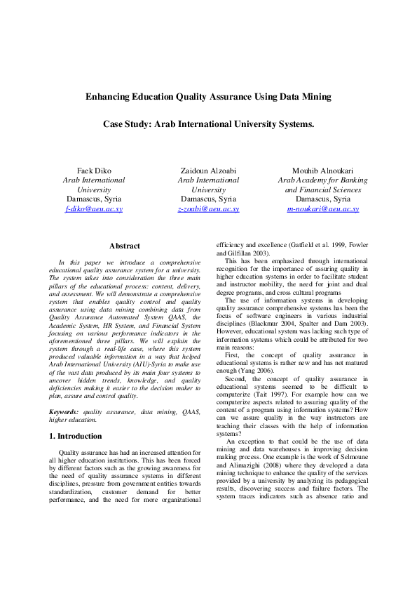 (PDF) Enhancing Education Quality Assurance Using Data Mining - Case ...