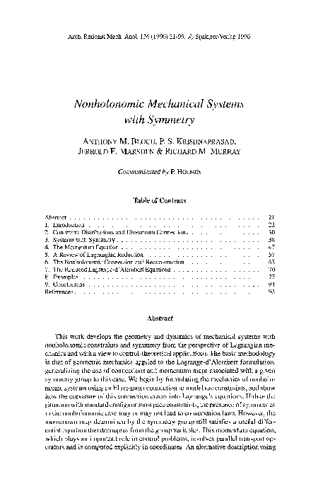 (PDF) Nonholonomic mechanical systems with symmetry