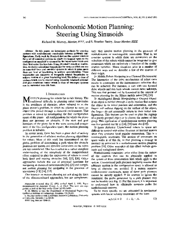 (PDF) Nonholonomic motion planning: Steering using sinusoids