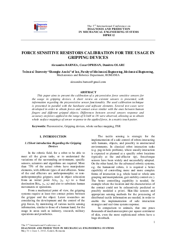 Pdf Force Sensitive Resistors Calibration For The Usage In Gripping Devices