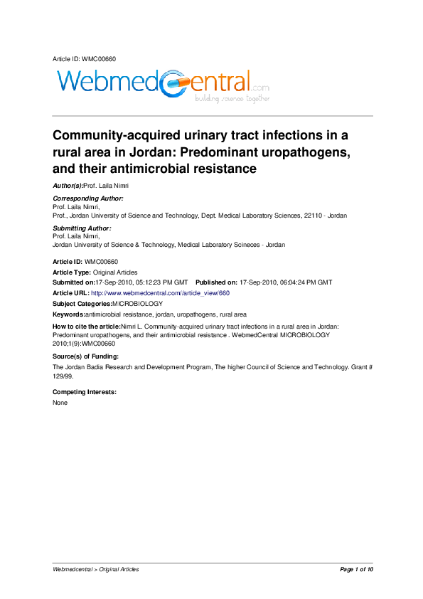 (PDF) Community-acquired urinary tract infections in a rural area in Jordan: Predominant ...