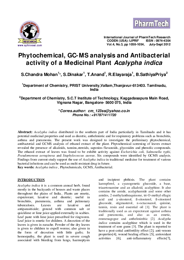 (PDF) Phytochemical, GC-MS analysis and Antibacterial activity of a Medicinal Plant Acalypha indica