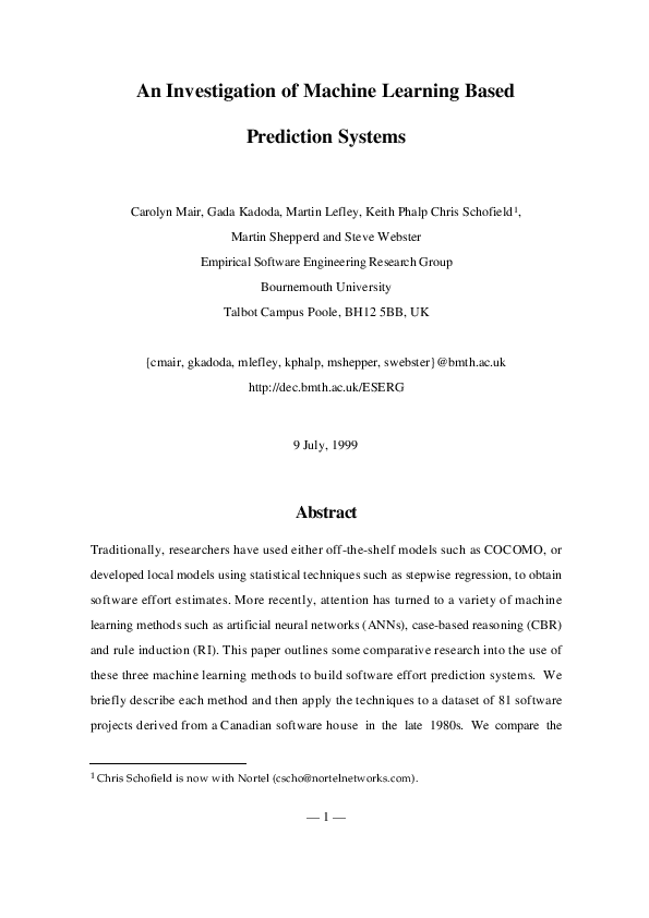 (PDF) An investigation of machine learning based prediction systems