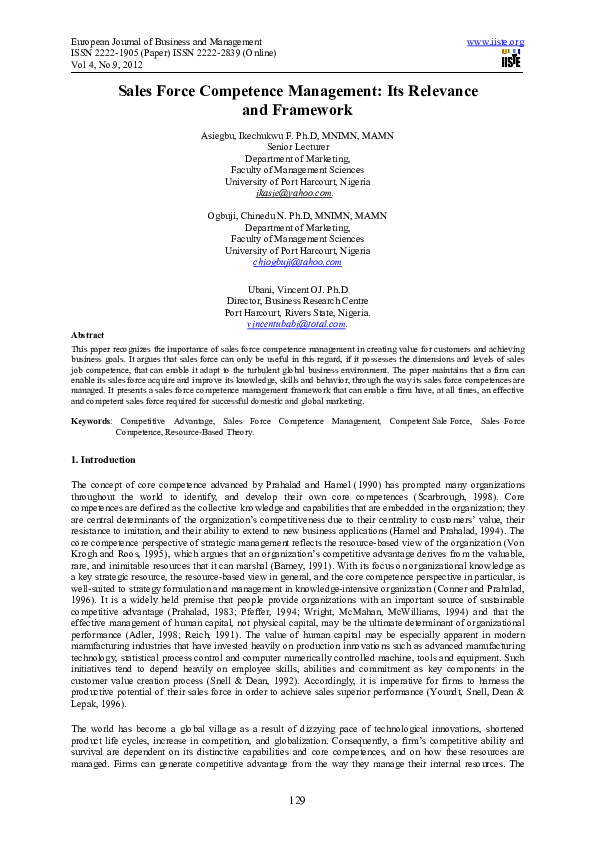 (PDF) Sales Force Competence Management: Its Relevance and Framework